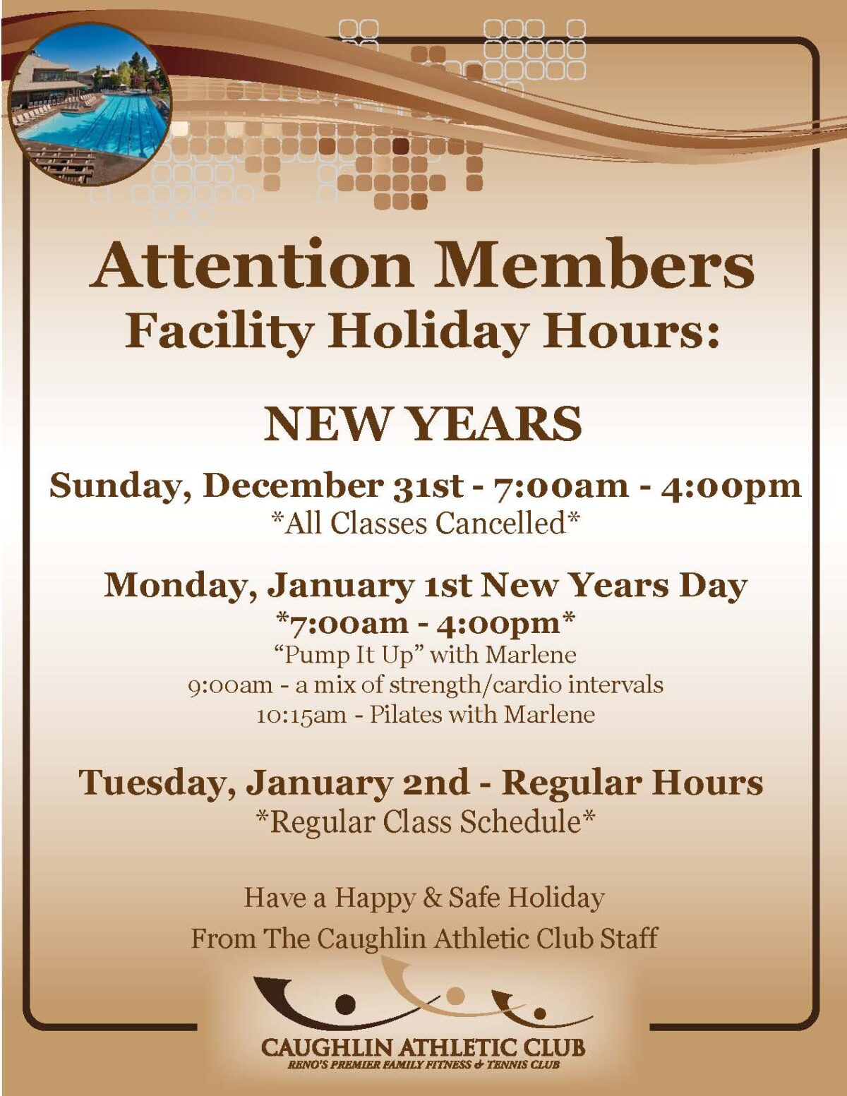 New Years Holiday Schedule | Caughlin Athletic Club