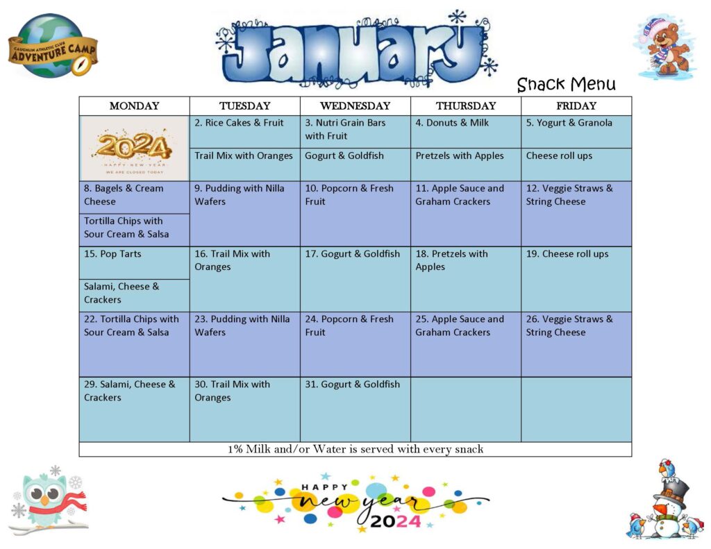 Jan 2024 snack menu | Caughlin Athletic Club