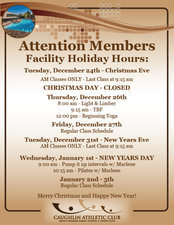 Christmas & Holiday Class Schedule | Caughlin Athletic Club
